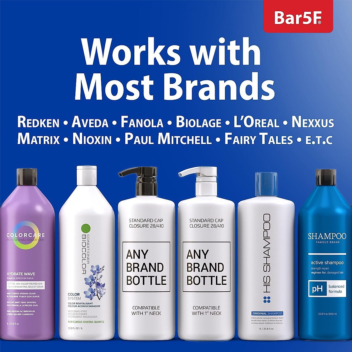 Bar5F Pump for 33.8-Oz Shampoo and Conditioner Liter Bottles 1" inch Bottle Neck 2-Pack (White)