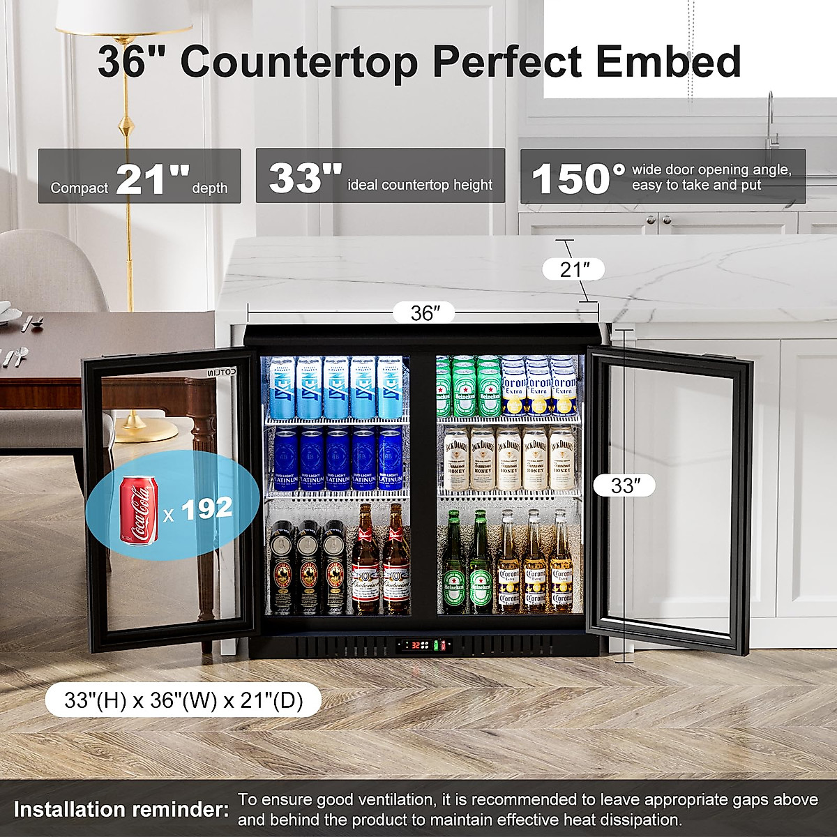 COTLIN 36" W Back Bar Cooler Beer Fridge Undercounter Refrigerator with LOW-E Glass Free Standing Beverage Refrigerator Adjustable Shelves for Soda Beer Wine, ETL NSF Approved, 2025 Upgraded