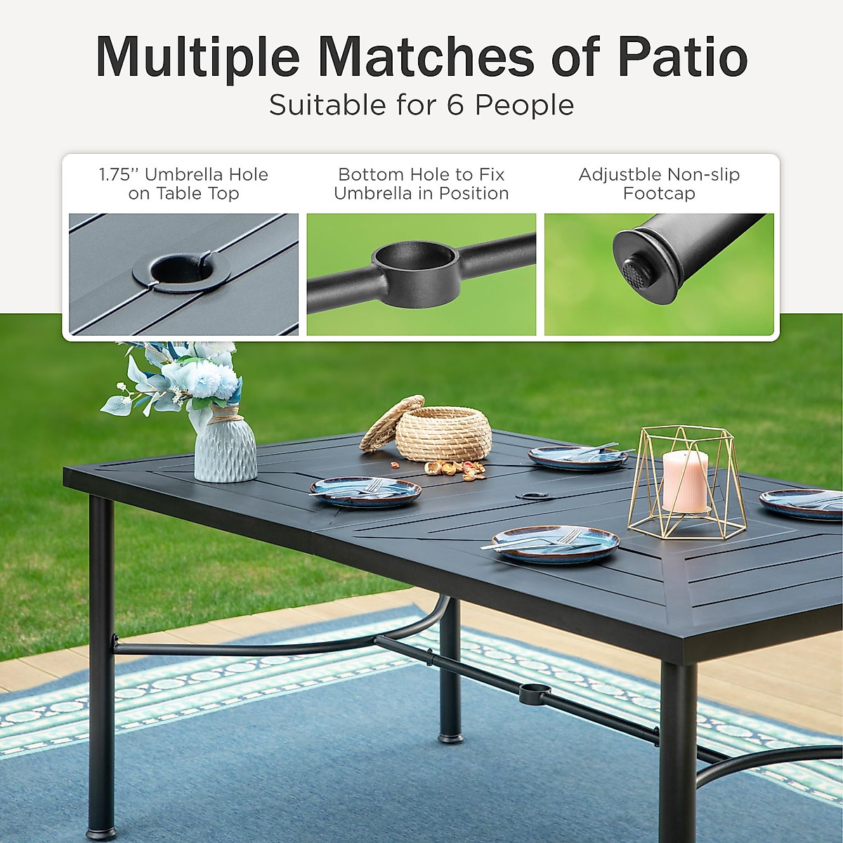 PHI VILLA 64" Large Metal Patio Dining Table Steel Rectangular Outdoor Table, Weather-Resistant Table with 1.77" Umbrella Hole for Lawn Backyard Garden, Black