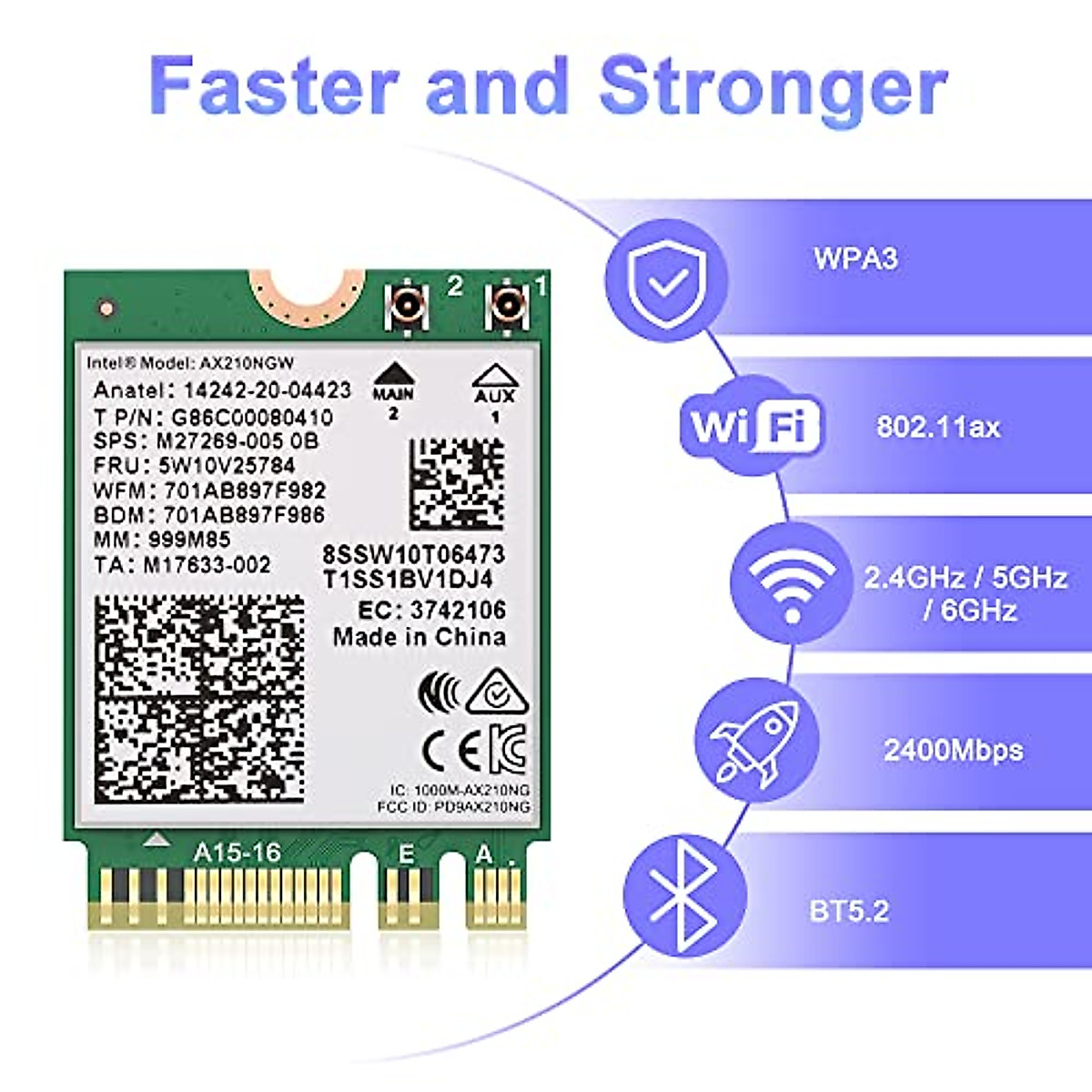 AX210 Card WiFi for Laptop,Wireless Module for Laptop Desktop with Bluetooth 5.2,Wi-Fi 6E AX210NGW 802.11ax Internal Wireless Network Card M.2/ NGFF for Laptop and PC Support Windows 10 11 64bit