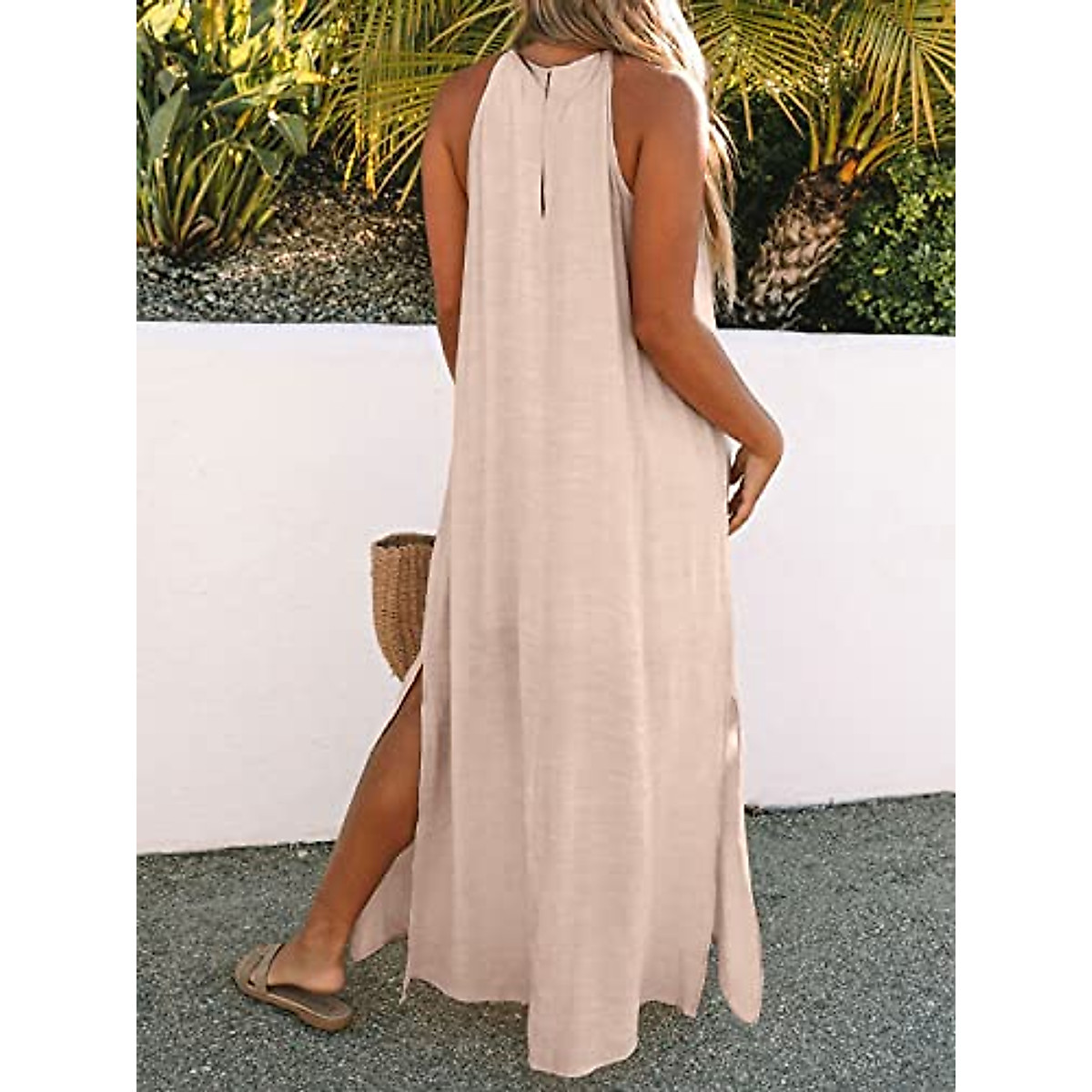 FARORO Womens Long Dress Sleeveless Boho Casual Dresses Lace Casual Halter Gown Split Loose Cover Up Halter Maxi Sundress Apricot