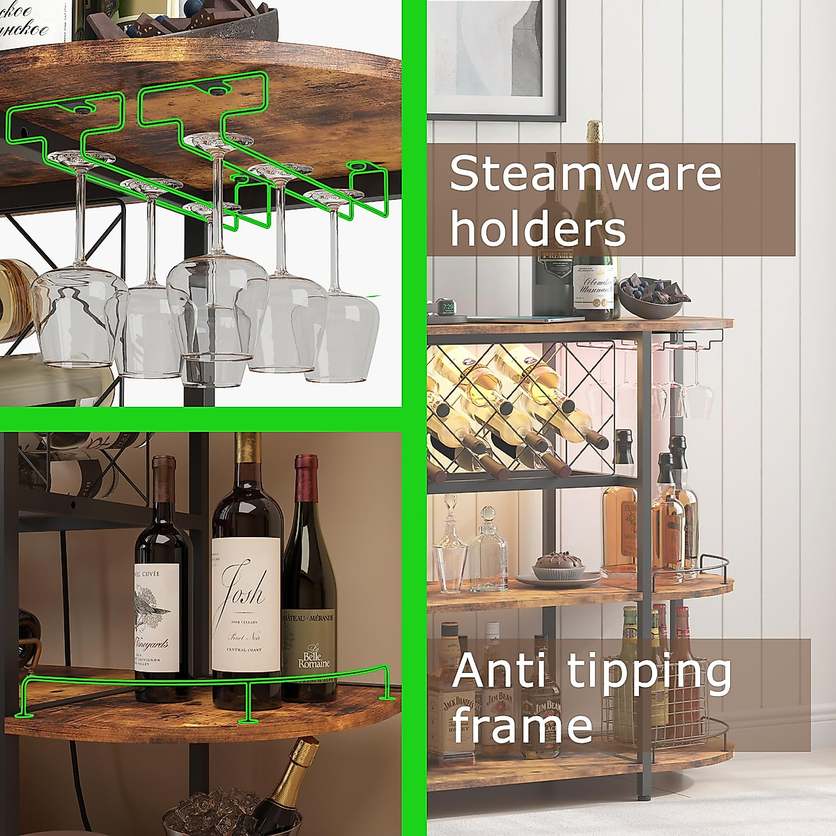 ZOPEND Wine Cabinet Coffee Table with Power Socket and LED Light, Three Tiers Coffee Bar Table Wine Rack Liqour Bar with Large Storage for Home Kitchen (Retro Brown)