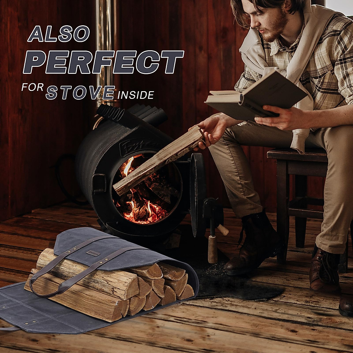 Log Carrier|Waxed Canvas Log Holder|Firewood Carrier Tote Bag|Fireplace Wood Stove Accessories-Grey