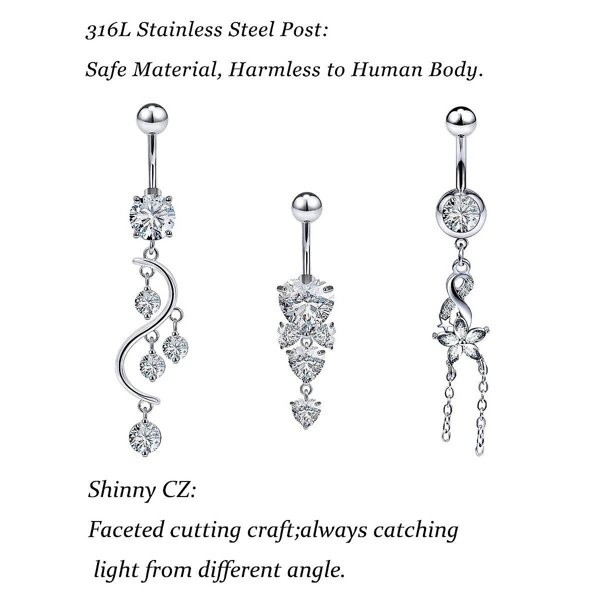 Vsnnsns 14G Belly Button Rings for Women Stainless Steel CZ Opal Long Dangle Belly Button Piercing Jewelry Belly Rings Bars Curved Navel Ring Barbell Body Jewelry Piercing for Women Men Silver 8Pcs