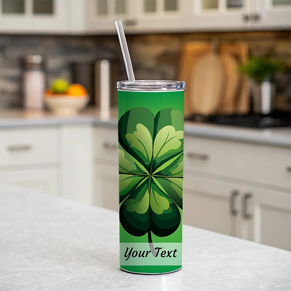 Personalized Custom Name Text Four Leaf Clover 4 Lucky St Patrick's Day Skinny Tumbler 20oz with Straw Insulated Water Bottle Gift - 1 Line Horizontal