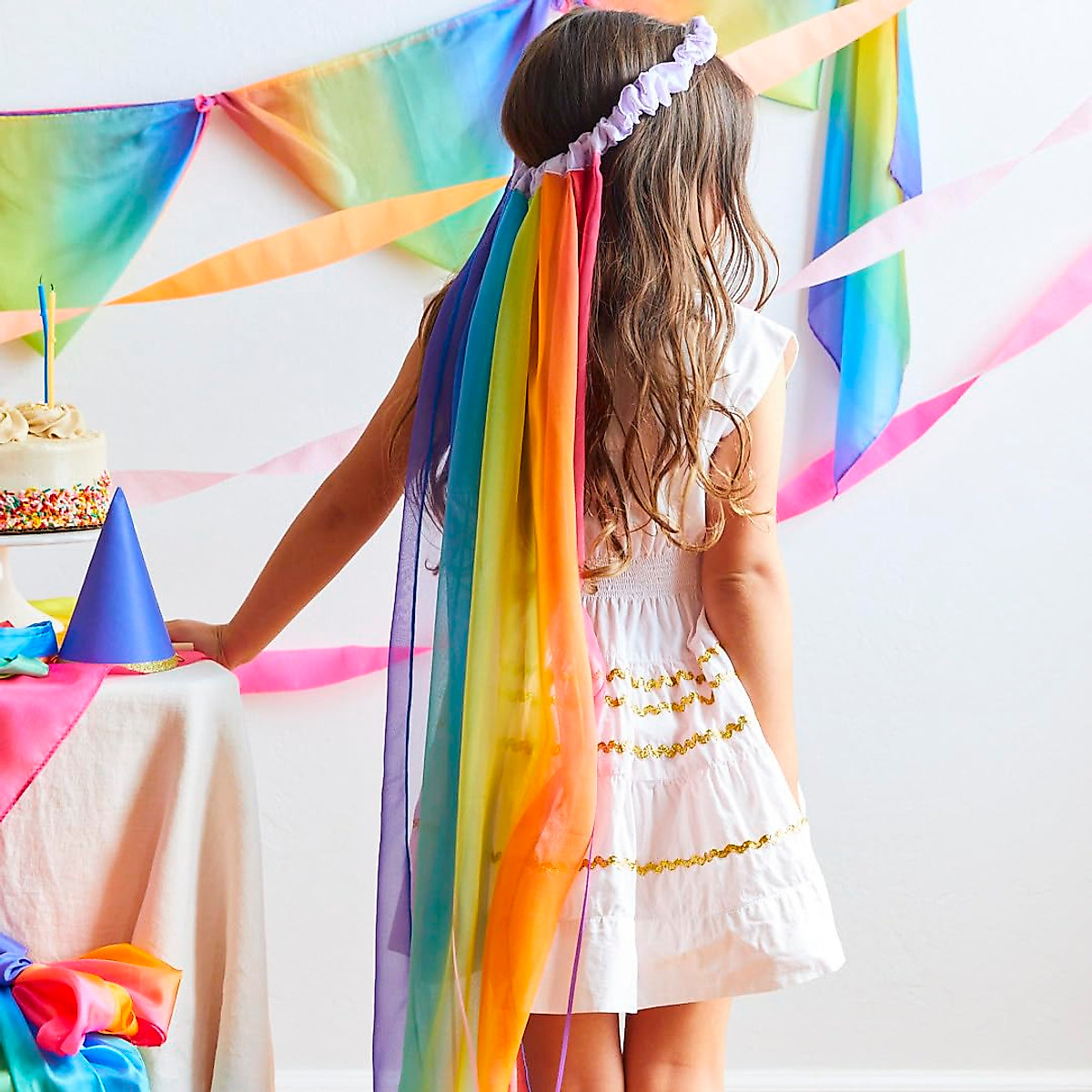 Rainbow Veil, Real Silk, 28" Long Veil with 18" Stretchy Headband | Real Natural Silk Waldorf Toys