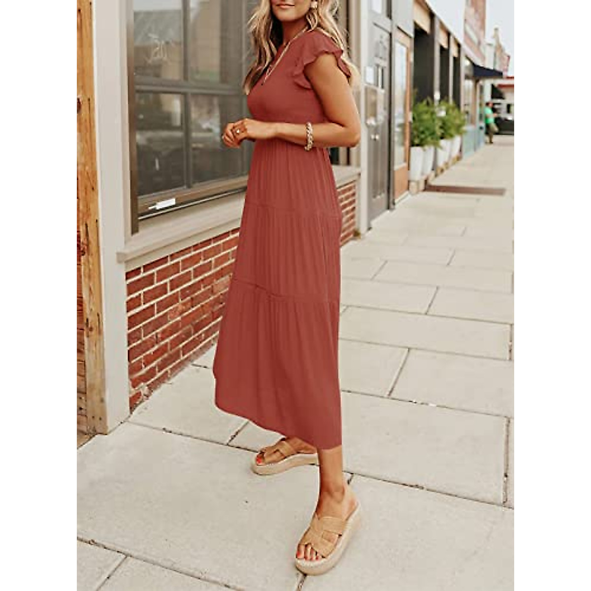 ZCSIA Women's 2023 Summer Casual Ruffle Short Sleeve Crewneck Smocked Tiered A Line Midi Dress,Rust,Small