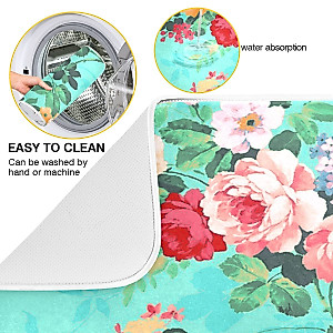 Absorbent Dish Drying Mat Microfiber - Teal Roses Flower Drying Pad for Kitchen Counter 18 x 24 Inch
