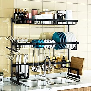 PUSDON Over Sink Dish Drying Rack (34"-45") 3 Tier, 2 Cutlery Holders Adjustable Dish Drainer for Kitchen Storage Countertop Organization, Stainless Steel Space Save Shelf (Sink Size≤44inch, Black)