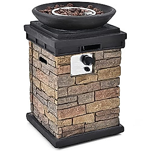 ORALNER Propane Fire Pit, Fire Column 40,000 BTU Outdoor Fire Bowl w/Rain Cover & Lava Rocks Auto Ignition Metal Patio Fireplace Gas Firepit for Outside Patio Courtyard Porch Deck Pool (Brown)