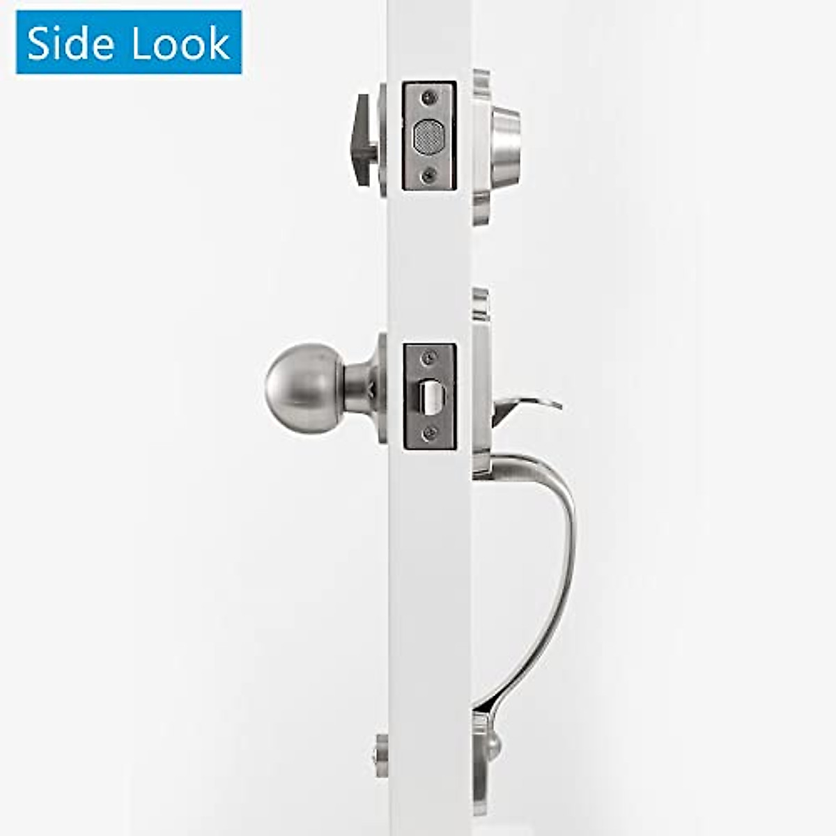 NeuType Front Door Lock Set Silver Front Door Handle Sets with Deadbolt Lock Set Door Entry Door Locksets Single Cylinder HandleSet Curved Handle Lower Half Grip Round Knob Satin Nickel