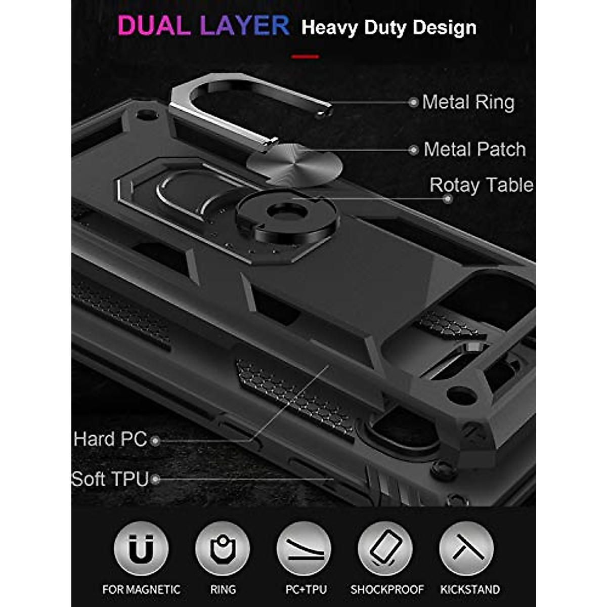 Galaxy S10+ Plus Case, Military Grade Drop Tested, Magnetic Ring Kickstand, Car Mount Compatible, Protective Black Cover