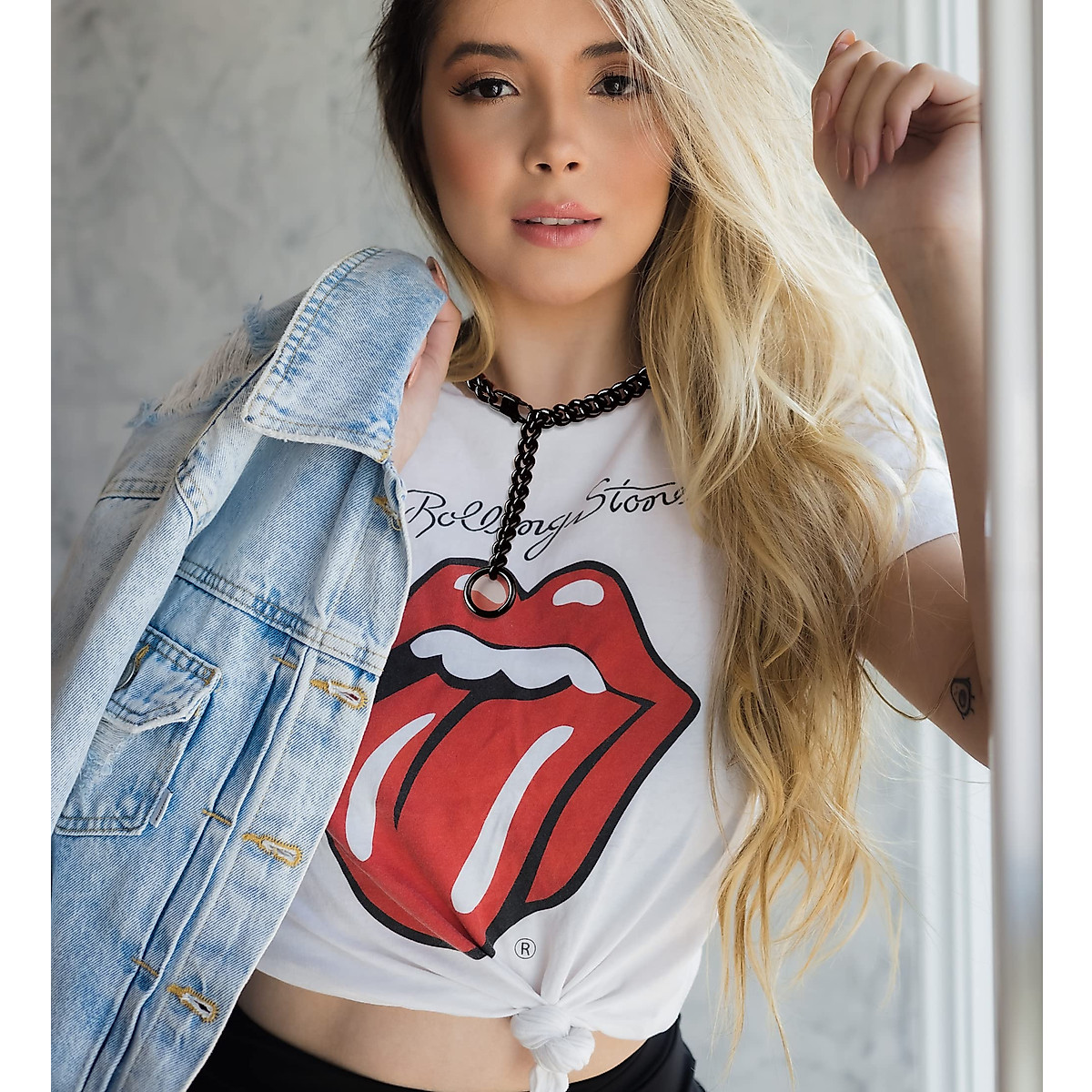 Jxlepe Womens Choker Chain Black Cuban Link Adjustable with O Ring Belt tail 0.4inch wide Punk Rock Kiwi Hippies Stainless Steel Gift for her him Daily Necklace