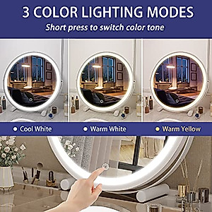 Hasipu Vanity Mirror with Lights, 18" LED Lighted Smart Touch Control 3 Colors Dimmable Round Mirror 360°Rotation White