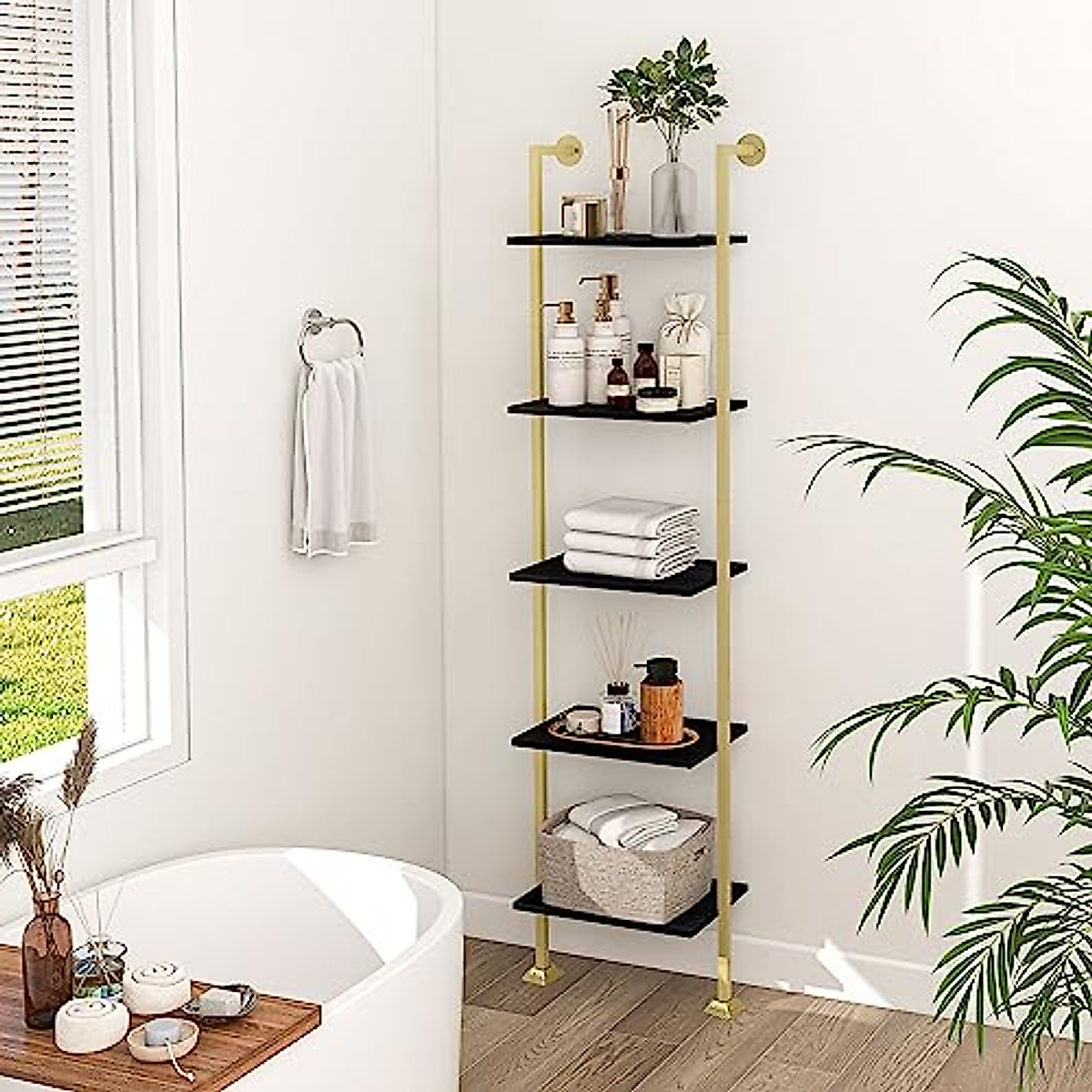 Axeman 5-Tier Ladder Bookcase, Tall Narrow Bookshelf for Small Spaces, Modern Book Storage Organizer Case Open Shelves for Bedroom, Living Room, Office, Library, Gold Metal Frame and Black Shelf