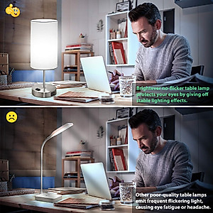 Set of 2 Touch Control Table Lamps with 2 USB Charging Ports&AC Outlet, 3-Way Dimmable Bedside Nightstand Lamps with White Fabric Lampshade for Reading, Bedroom, Living Room, A19 LED Bulbs Included