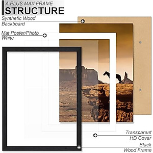 A PLUS MAX 16x20 Picture Frame Set of 4, Engineered Wood Frame Display Photo 11x14 with Mat or 16 x 20 without Mat, 16by20 Frame with Black Wood Grain for Wall - 4 Pack/Black/16 x20