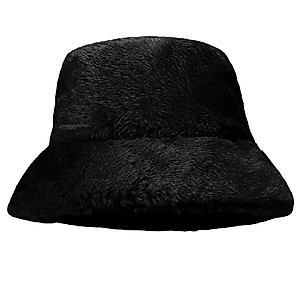 Women Plush Fluffy Bucket Hat Warm Lining Winter Faux Fur Cozy Wide Brim Winter (Black)