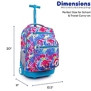 J World New York Sundance Rolling Backpack Girl Boy Roller Bookbag, Tie Dye, 20 Inch