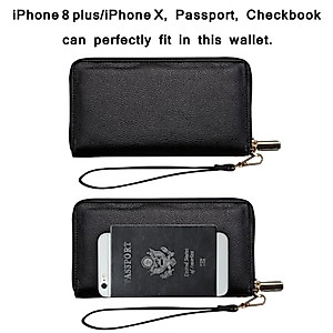 Chelmon Womens Wallet Large Capacity Zip Holder Clutch Bifold Wrist Strap Long Purse Black