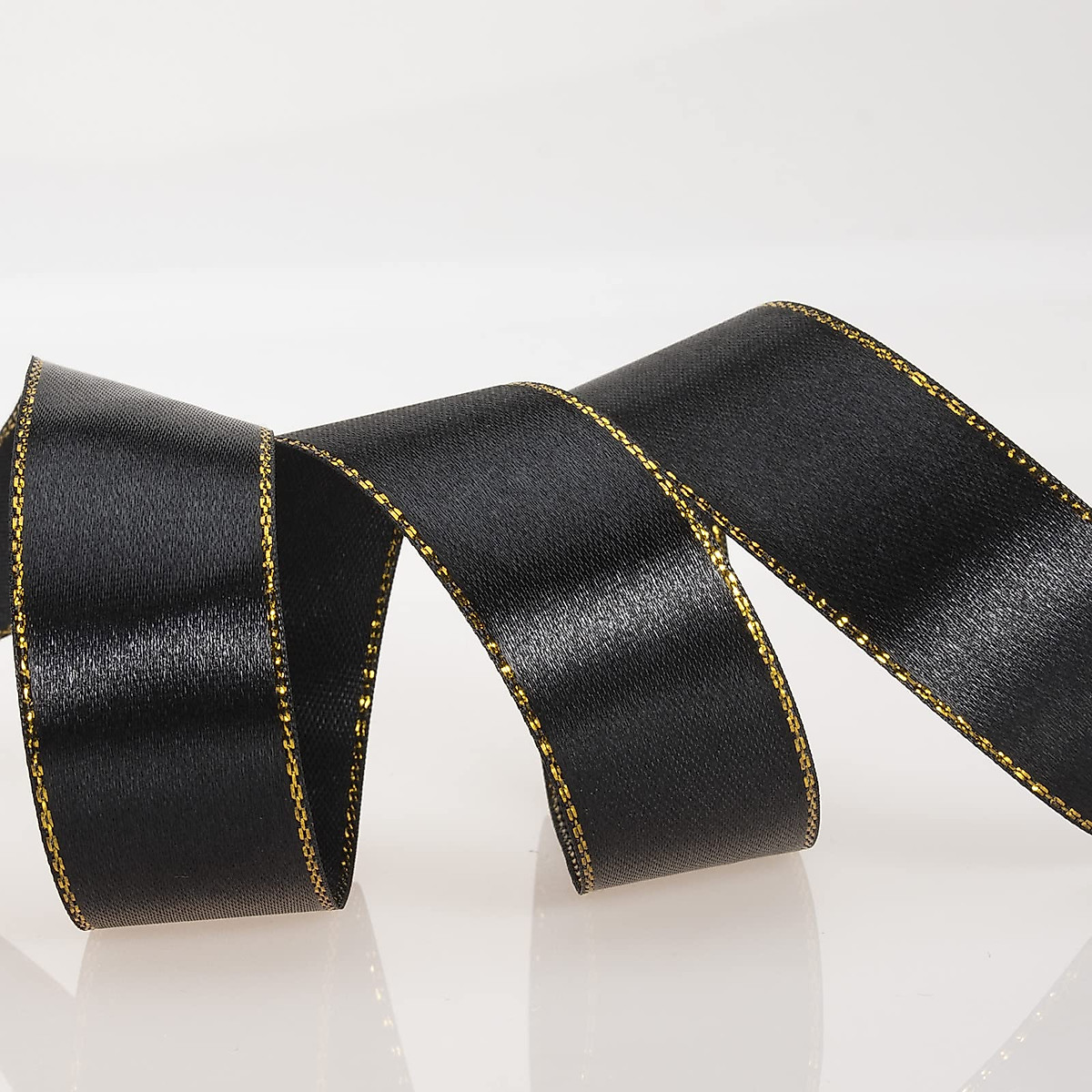 YASEO 25 Yards 1 Inch Black Satin Ribbon with Gold Edges, Gold Border Fabric Ribbons for Gift Wrapping and Crafts