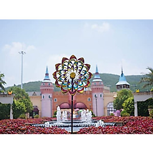 hourflik Rainbow Series Outdoor Garden Yard Art Decor Flower Windmill Pinwheel Wind Spinner with Ground Stake and Hanging Hook, Multi