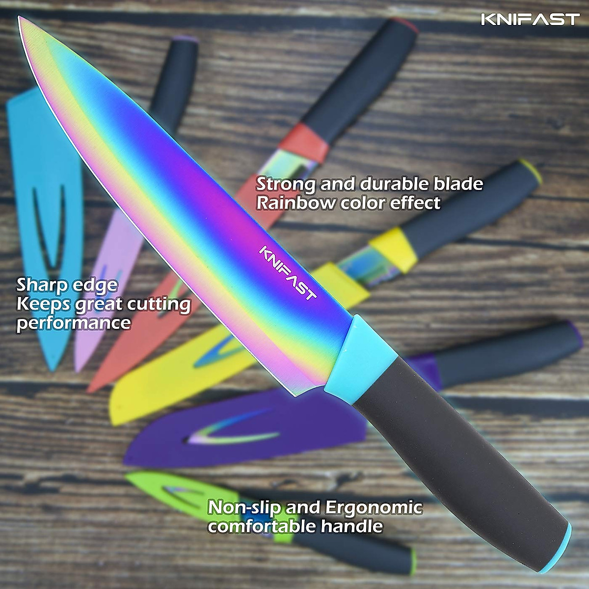 KNIFAST Kitchen Knife set Rainbow Titanium Coated - 12 Pcs Knife Set with Blade Guards, Dishwasher Safe, Razor Sharp German Stainless Steel Blade and Comfortable Handle