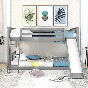Acosure Full Over Full Bunk Bed with Convertible Slide and Ladder,Bedroom Wood Low Bed Frame W/Slats Support,No Box Spring Required,for Kids Teens Girls Boys,Gray