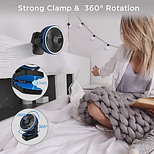 OUTXE 6700mAh Rechargeable Clip on Fan with Light, Battery Operated Clip Fan with Hanging Hook, 4 Speeds Portable Desk fan for Treadmill, Golf Cart, Bed, Car Seat, Baby Stroller - Blue