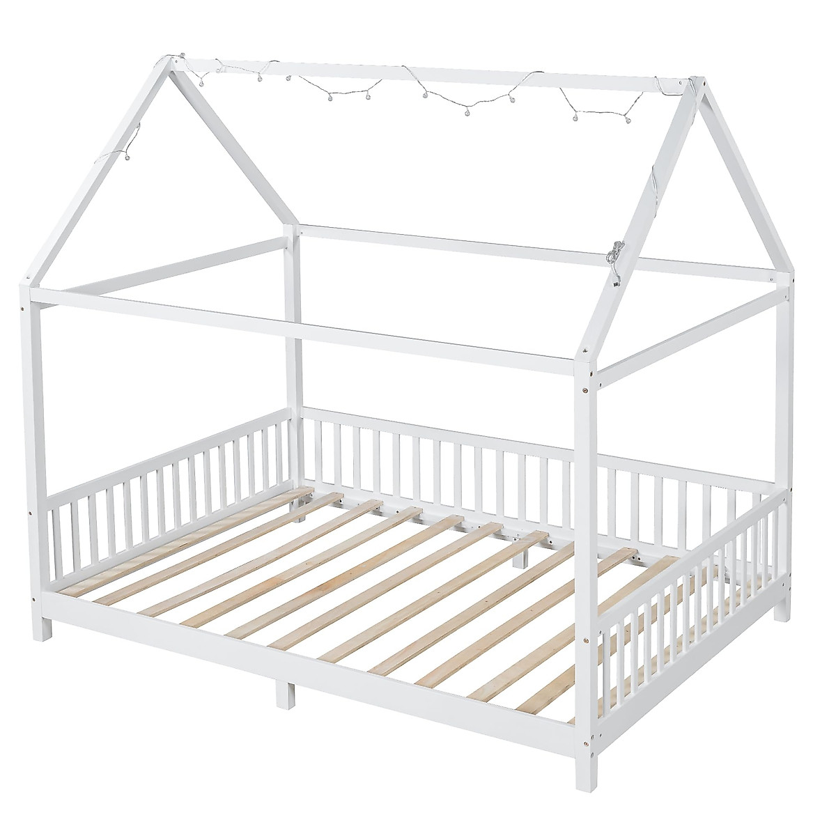 SOFTSEA Wood Montessori Bed Frame with High Fence Full Size House Bed Low Bed Frame with LED Lights for Kids