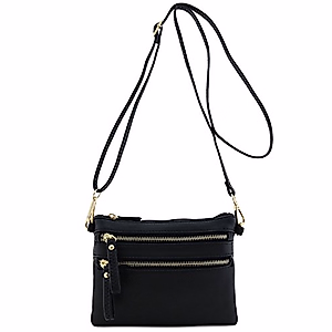 FashionPuzzle Multi Zipper Pocket Small Wristlet Crossbody Bag (Black)