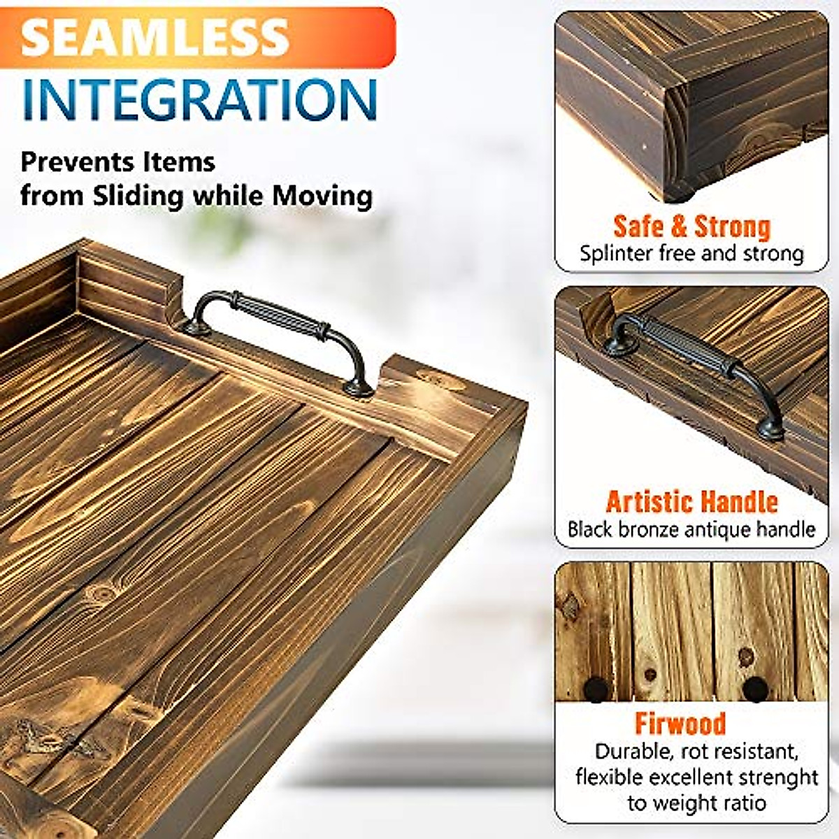 Decorative Large Rustic Wooden Tray 19.5”, Black Sleek Metal Handles, Great for Kitchen, Serving Coffee, Wine, Dinning Centerpiece, Breakfast in Bed, Bathtub Accessory, Farmhouse Home Décor (Brown)