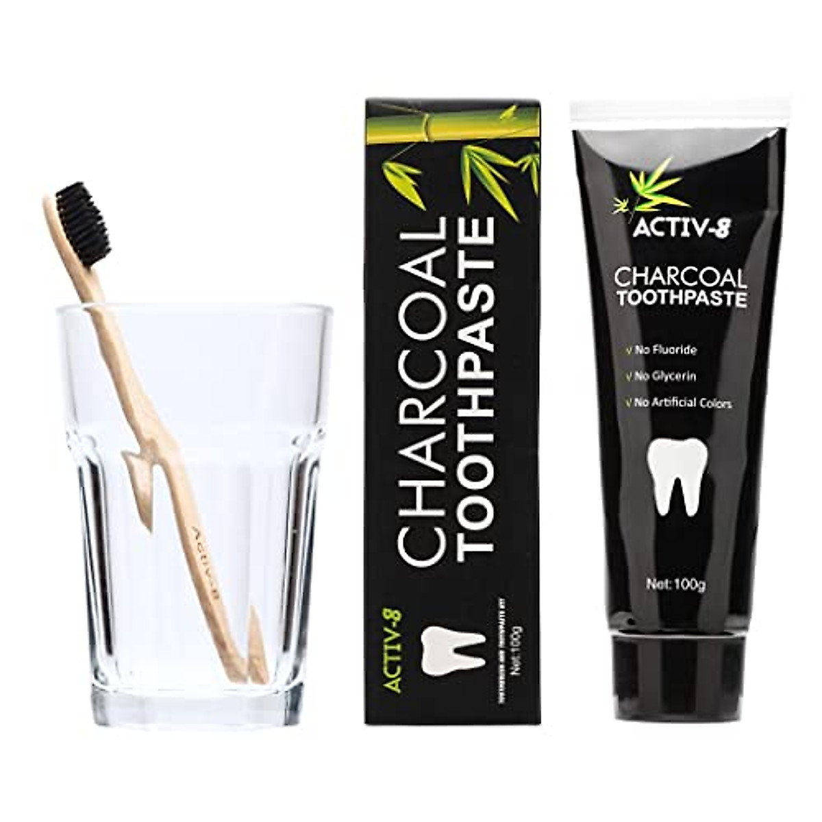 Activ-8 Activated Charcoal Toothpaste (100g) and Bamboo Toothbrush, Removes smoke and coffee stains, Vegan, Fluoride Free, Mint Flavour