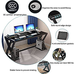 VUYUYU Computer Desk, Home Office Desks, Modern Glass Top X-Frame Metal Computer Gaming Writing Desks Laptop Table Tempered Glass/Black/55.1 inches