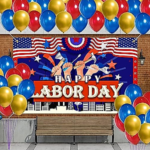 Labor Day Backdrops with 60 pcs Colorful Latex Balloons, Red Happy Labor Day Backdrop Banner Sign Hanging Fabric Photography Background Board Flag Photo Booth Prop Wall （71x44 Inch）-A