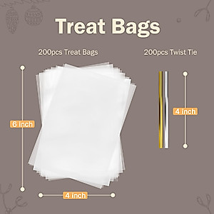 200 PCS 2.8mils Cellophane Treat Bags 4x6 Inches Clear Cellophane Gift Bags with 4" Twist Ties, Clear Goodie bags, Cookie bags, Candy bags, Plastic Bags for Treats Gifts Giving Birthday Party Favors