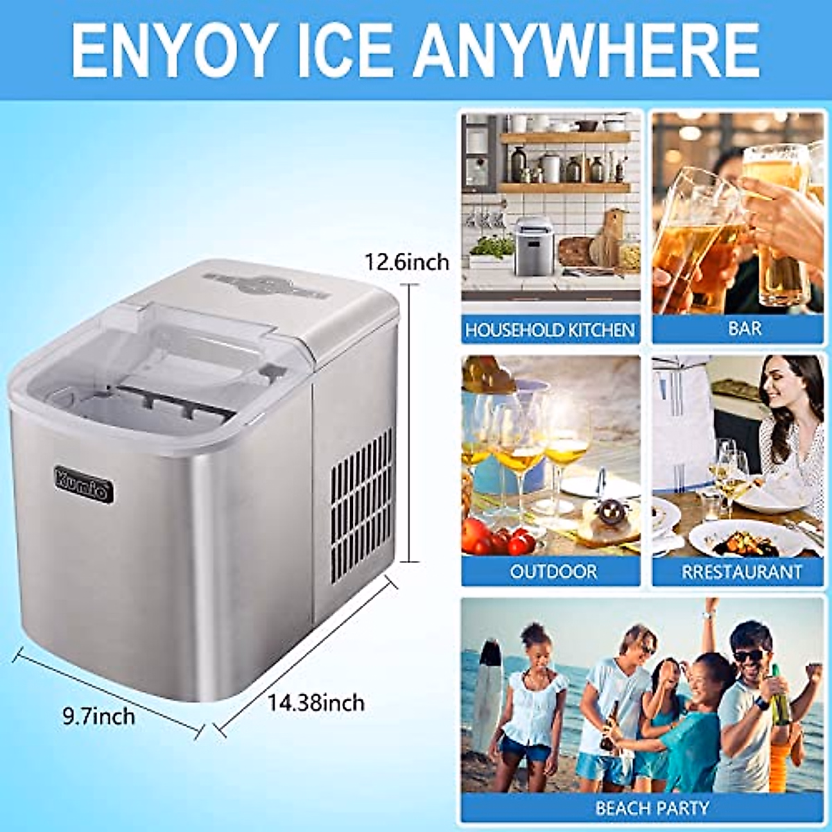 KUMIO Stainless Steel Ice Makers Countertop, 33 Lbs in 24 Hrs, 10 Bullet Ice Ready in 6-8 Mins, Automatic Self-Cleaning, 2 Sizes of Bullet Ice for Home Kitchen Office Bar Party