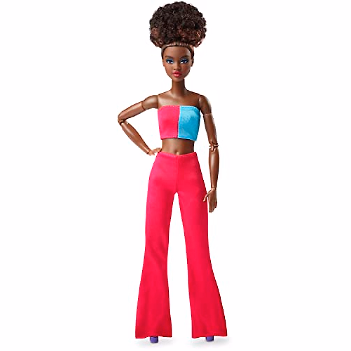 Barbie Looks Doll with Natural Black Hair in Color Block Crop Top & Raspberry Flare Pants, Posable Made to Move Body For 6 years and older