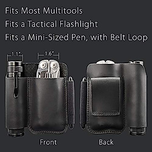 EDC Leather Belt Knife Sheath Organizer for Multitool, Fit 1.0" Diameter Flashlight, Tool Belt Pouch, Pocket Slip Pouch, EDC Tactical Key Chain Holder, Leather Key Fob, Premium Leather. Black.