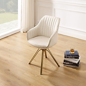 Art Leon Mid Century Modern Swivel Accent Chair, Desk Chair No Wheels, Fabric Upholstered Armchair with Gold Legs, Off White
