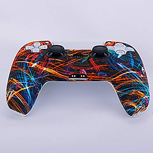 9CDeer 1 Piece of Silicone Transfer Print Protective Thick Cover Skin + 6 Thumb Grips for Playstation 5 / PS5 Controller Black Stream