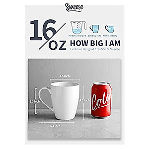 Sweese Porcelain Coffee Mugs - 16 Ounce - Set of 6, Cups for Latte, Hot Tea, Cappuccino, Mocha, Cocoa, 601.001 White