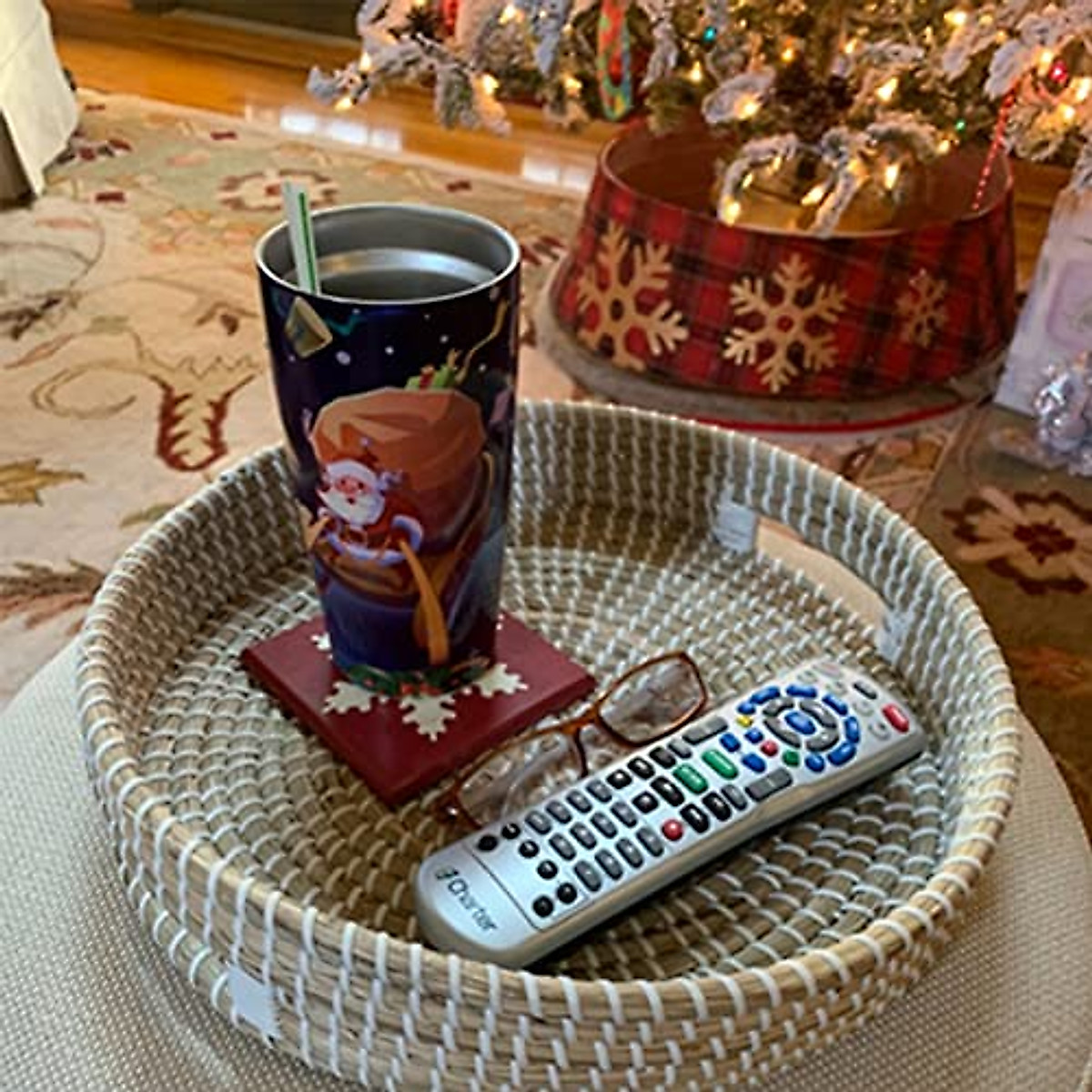 Natural Seagrass Woven Basket Round Serving Tray with Handles Coffee Table Tray Hand Woven Storage Basket for Fruit, Tea, Bread, Breakfast, Drinks, Snack Woven Tray (White Round Tray)