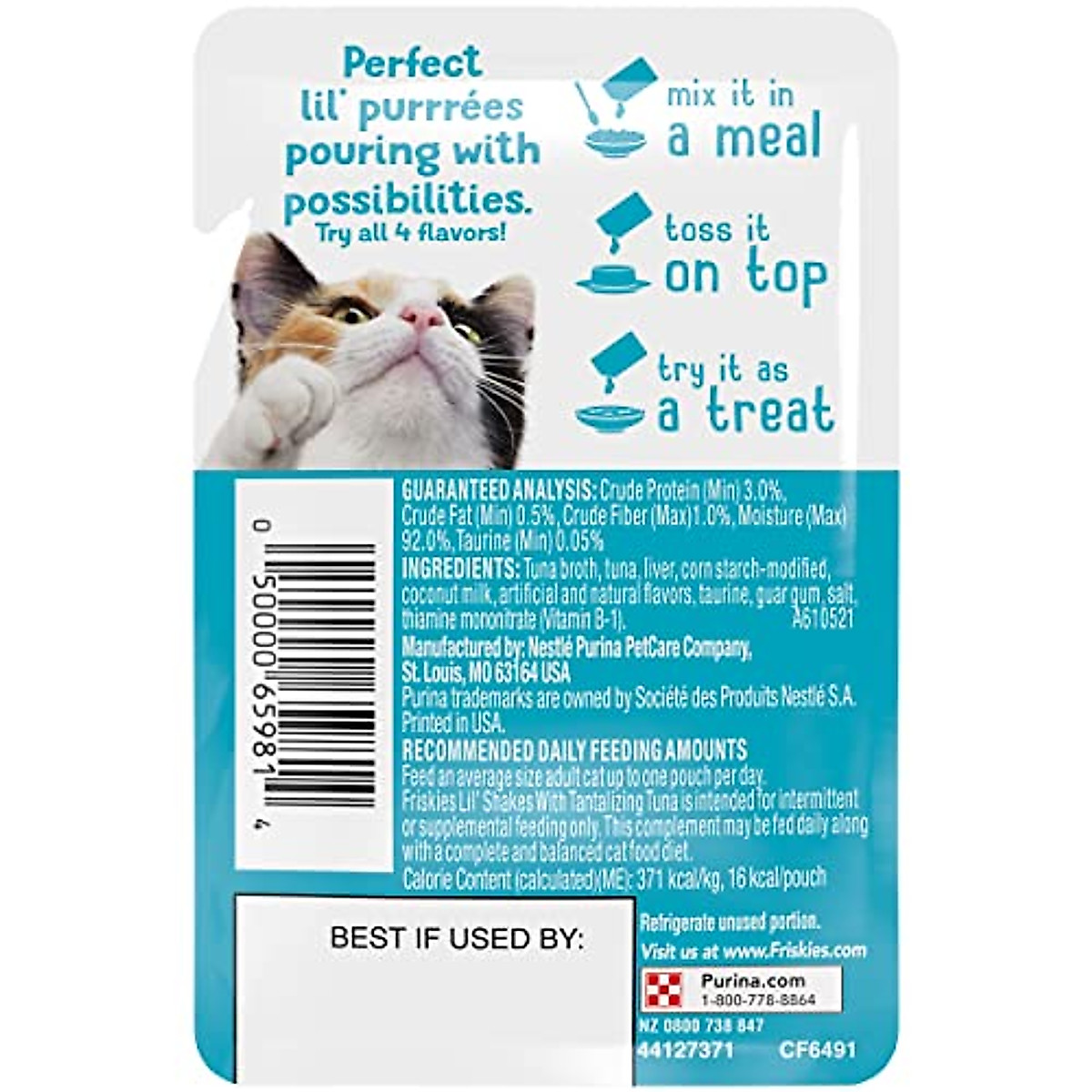 Purina Friskies Wet Pureed Cat Food Topper, Lil' Shakes With Tantalizing Tuna Lickable Cat Treats - 1.55 oz. Pouch