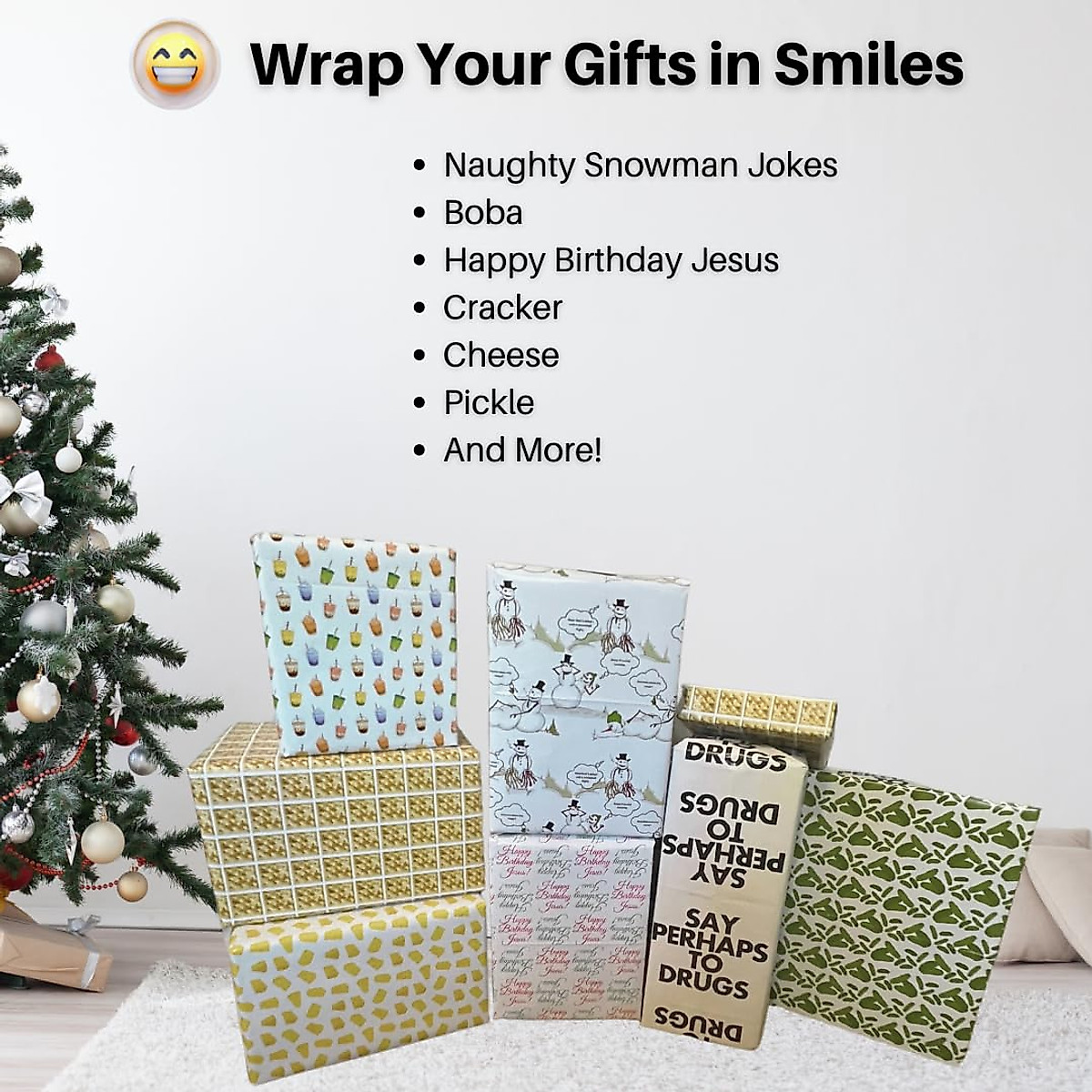 Say Perhaps To Drugs Funny Wrapping Paper Set | Two 20inx30in Folded Wrapping Papers | Unique, Hilarious, and Original Design | Funny Adult Joke Gifts (Black And White)