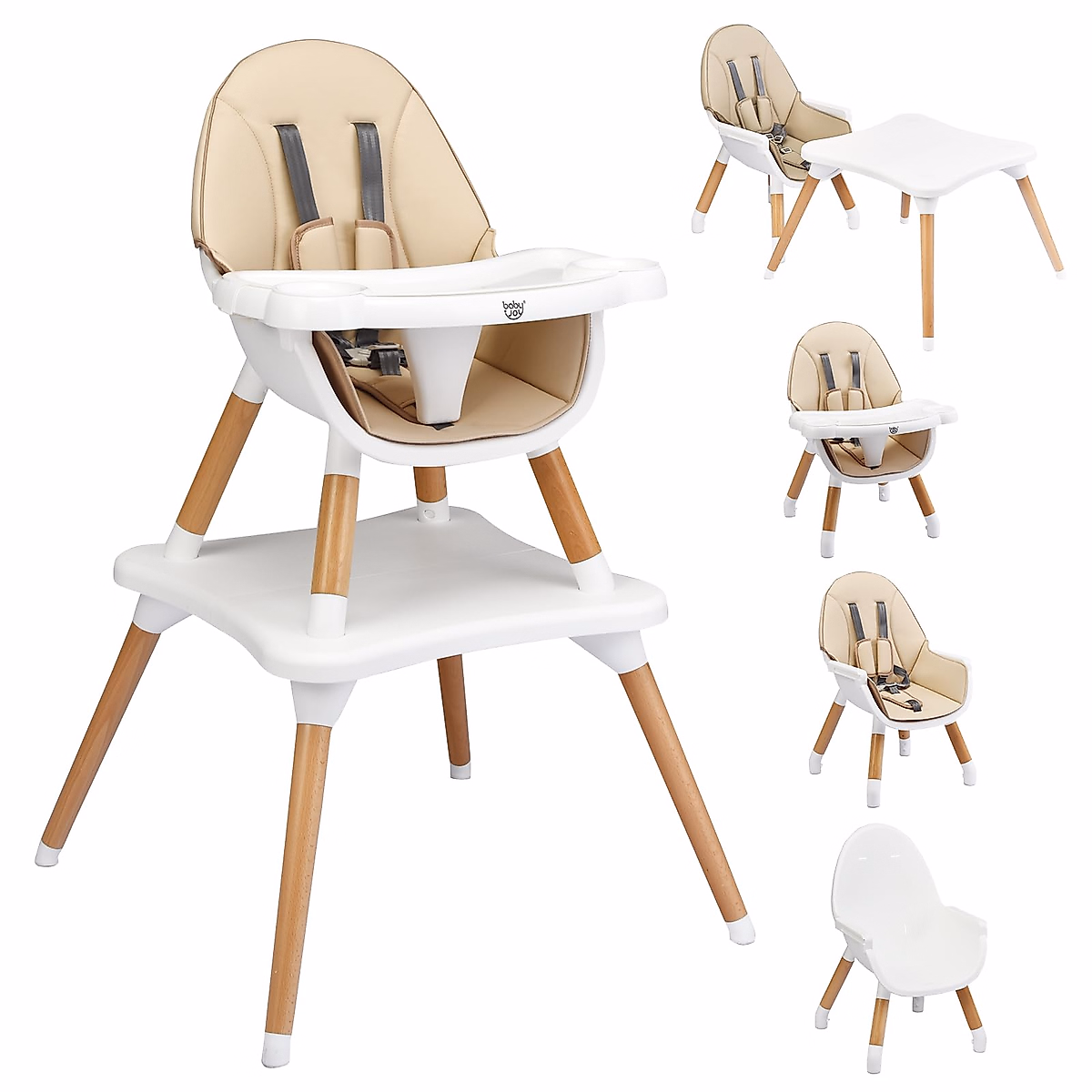 BABY JOY 5 in 1 High Chair, Convertible High Chairs for Babies and Toddlers/Booster Seat/Table and Chair Set, Infant Wooden Highchair w/ 5-Point Harness, 4-Position Removable Tray & PU Cushion (Khaki)