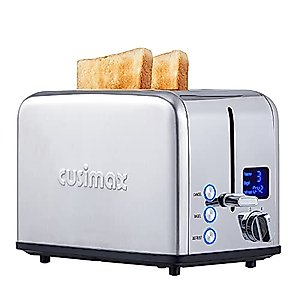 Toaster 2 Slice, CUSIMAX Stainless Steel Toaster with Large LED Display, Bread Toaster 1.5'' Extra-wide Slots with 6 Browning Settings, Cancel/Bagel/Defrost Function, Removable Crumb Tray, Silver