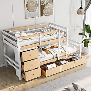 Bellemave Low Loft Bed with Storage Drawers and Dresser, Wood Twin Over Twin Bunk Bed Frame for 2 Kids, Modern Junior Loft Beds with Storage and Platform Bed for Boys Girls Teen,White With Natural