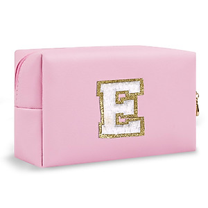 Personalized Chenille Letter Preppy Patch Makeup Bag, Small Pink Travel Cosmetic Bag Initial Toiletry Zipper Pouch Monogram Makeup Storage, Waterproof Makeup Case Travel Essentials for Women(Letter E)