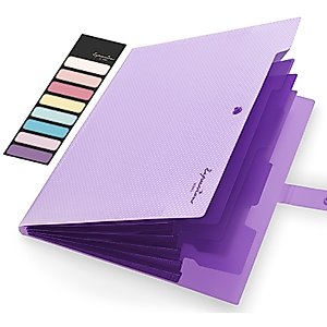 Sooez Expanding File Folder, Letter Size Accordion File Organizer, 5 Pocket Folders for Documents, Cute Folder with Labels, Portable Paper Organizer for School Office Supplies, A4 Size, Purple